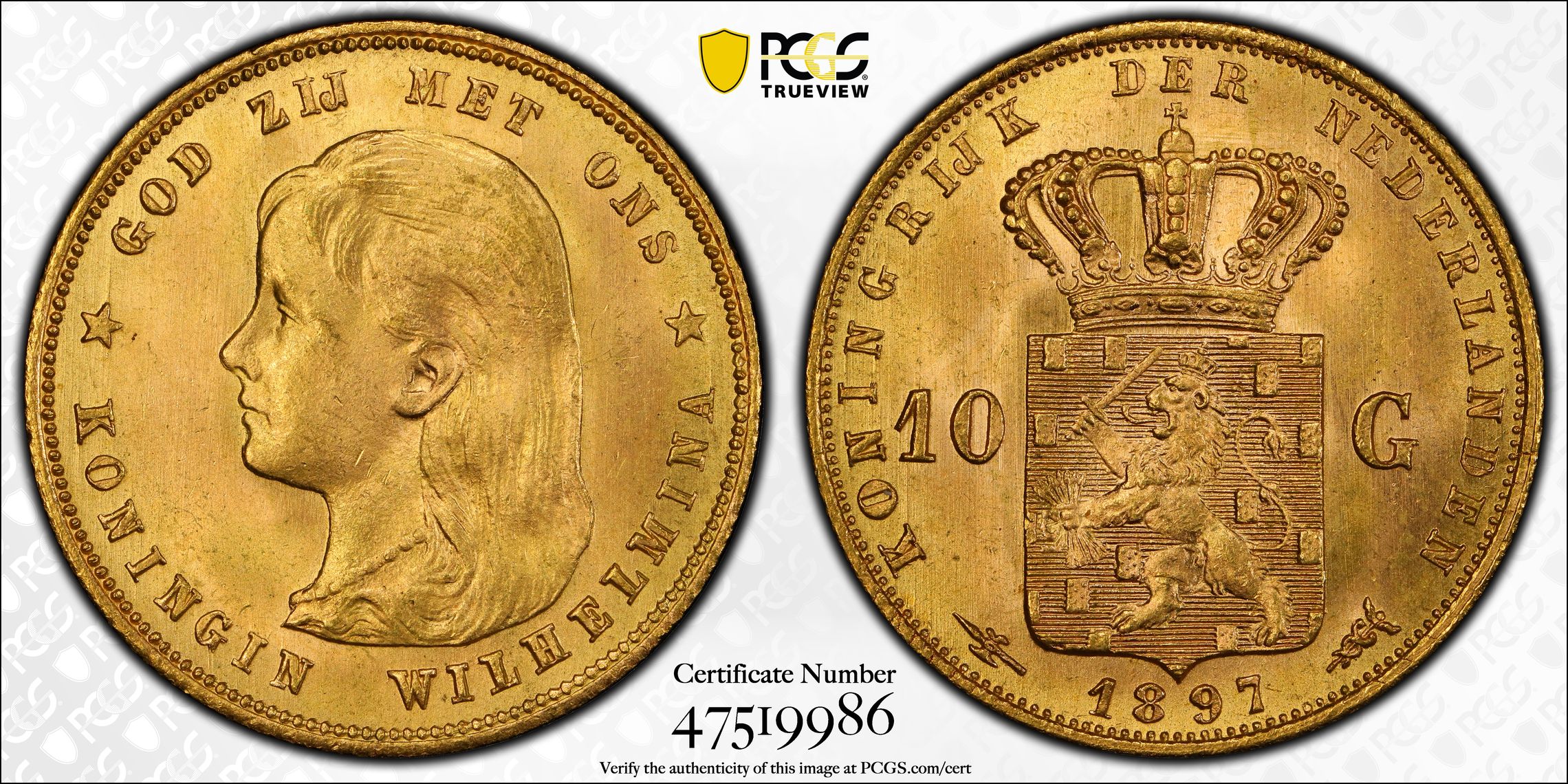 Gouden Wilhelmina 10G 1897 MS66 te koop | 101 munten