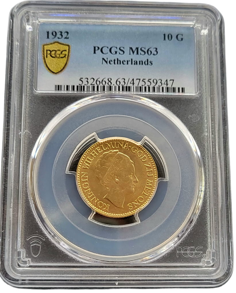 Gouden Wilhelmina 10 gulden 1932 MS63 - Zeldzaam | 101 munten