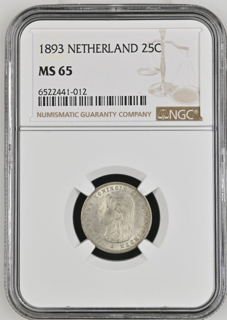 Unieke 25 cent 1893 Wilhelmina MS65 NGC - 101 munten