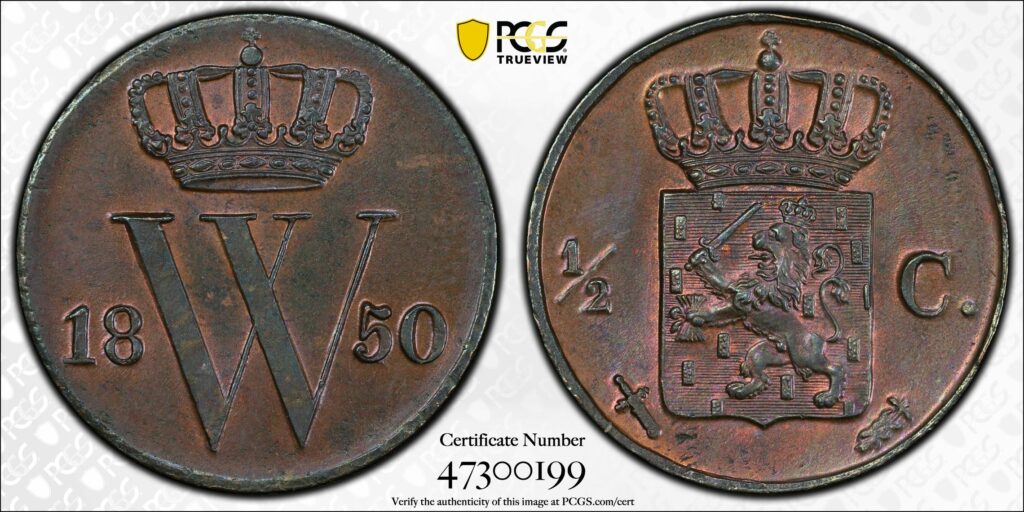 Zeldzame Willem III 1/2 cent 1850 MS63 BN | 101 munten