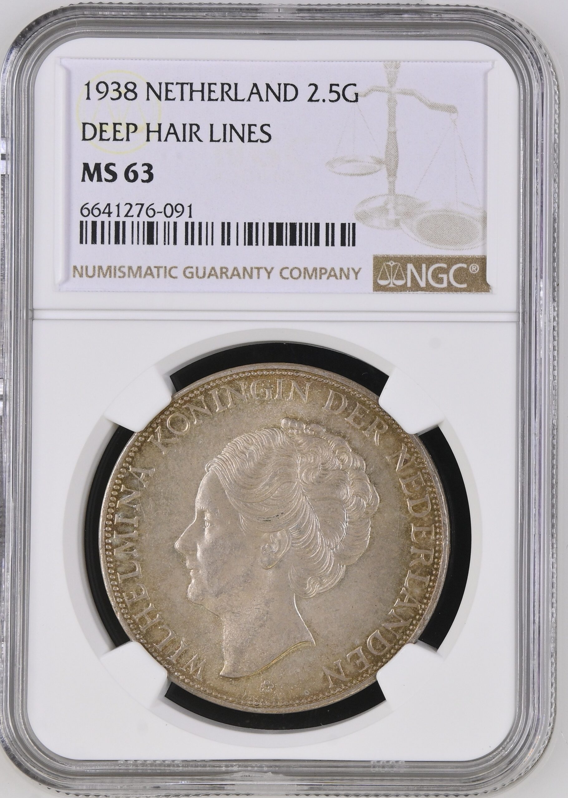 Koningin Wilhelmina 2½ Gulden 1938 Grof Haar MS63 NGC gecertificeerd (pop 6/1) | 101munten